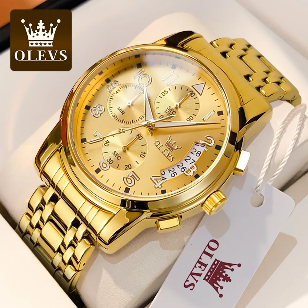 OLEVS Gold Watch For Men Luxury Top Brand Luminous Waterproof Steel ...