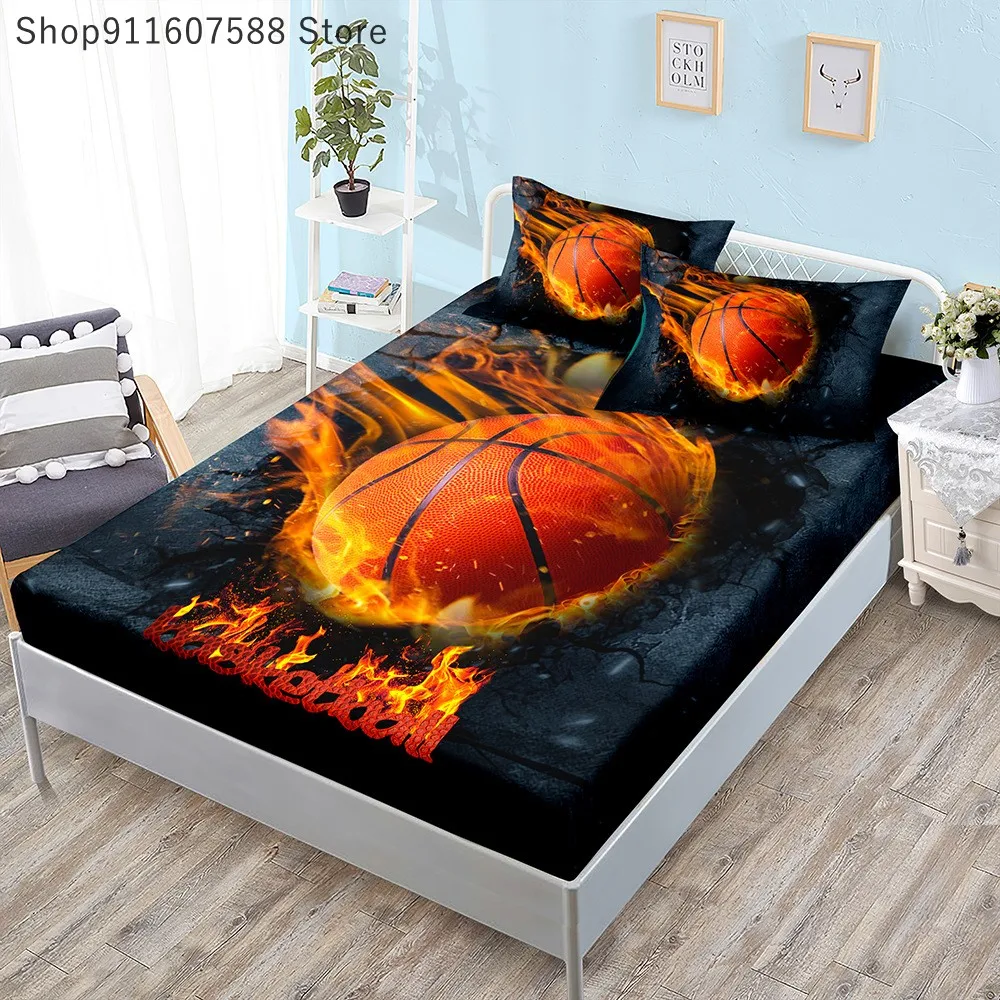 Basketball With Fire Sport Game Sheet Bed Mattress Protector Bedding Elastic Fitted Sheet For ...