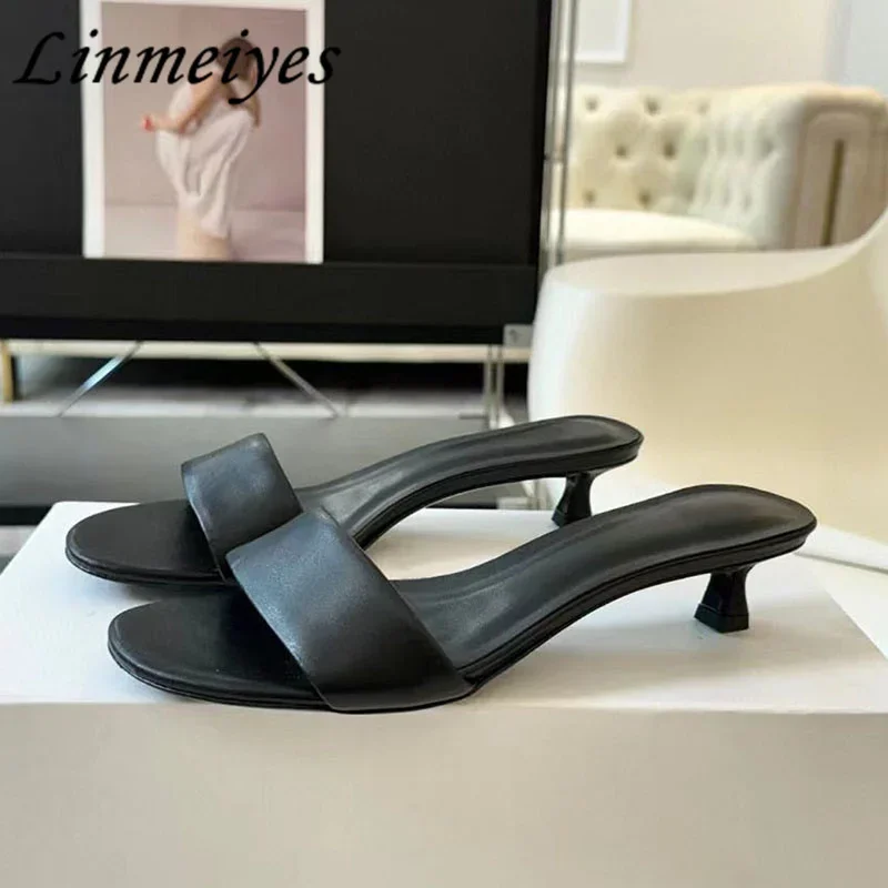 New Kitten Heels Slippers Women Genuine Leather One Strip Mules Shoes ...