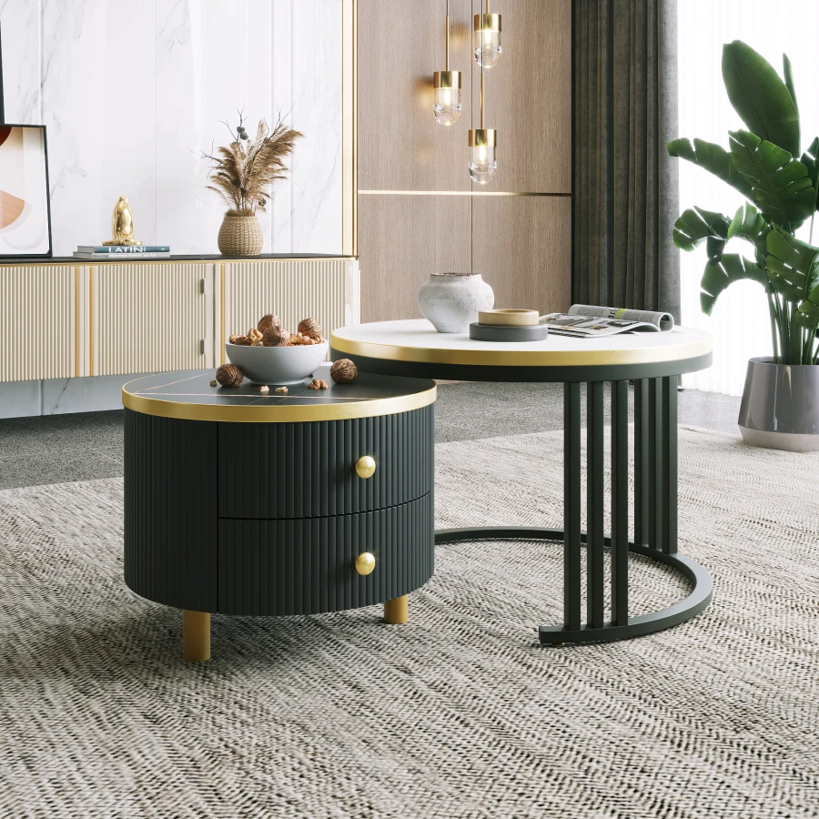 2-in-1-Round-MDF-Coffee-Table-Marble-Effect-Top-Side-Table-2-Drawer ...