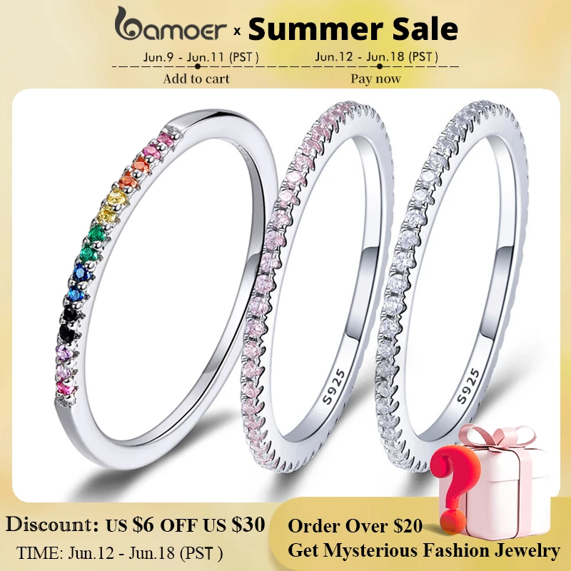 BAMOER 925 스털링 실버 CZ 시뮬레이션 다이아몬드 스택 링 플래티넘 도금 이터니티 밴드 여성용, 여성용|반지| - AliExpress