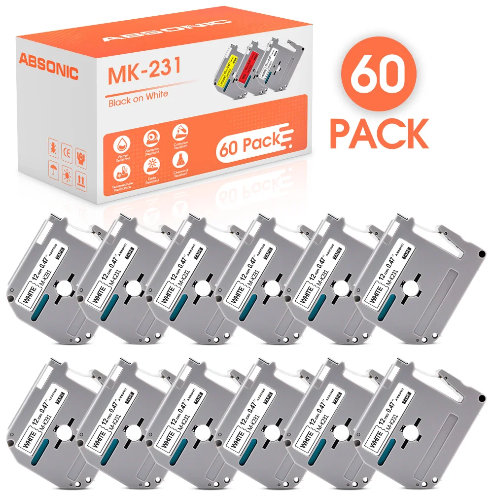 60PK MK-231 MK 231 M-K 231 9mm 12mm Label Tape Black on White M Tape ...