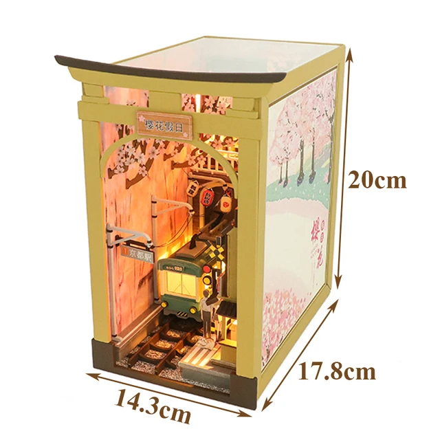 DIY Wooden Book Nook Shelf Insert Kits Miniature Cherry Blossom Train Station Bookends Japanese ...