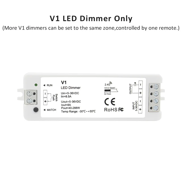V1 LED Dimmer 12V 24V 36V RT6 4 Zone Single Color LED Strip Dimming Kit ...