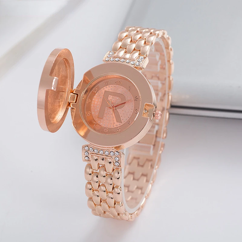 Relojes de cuarzo con tapa única con letra R, cristal, diamante, moda ...