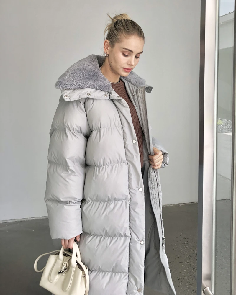 2025 Women Winter Fur Collar coat Stylish Thick Warm Long Parkas Black ...