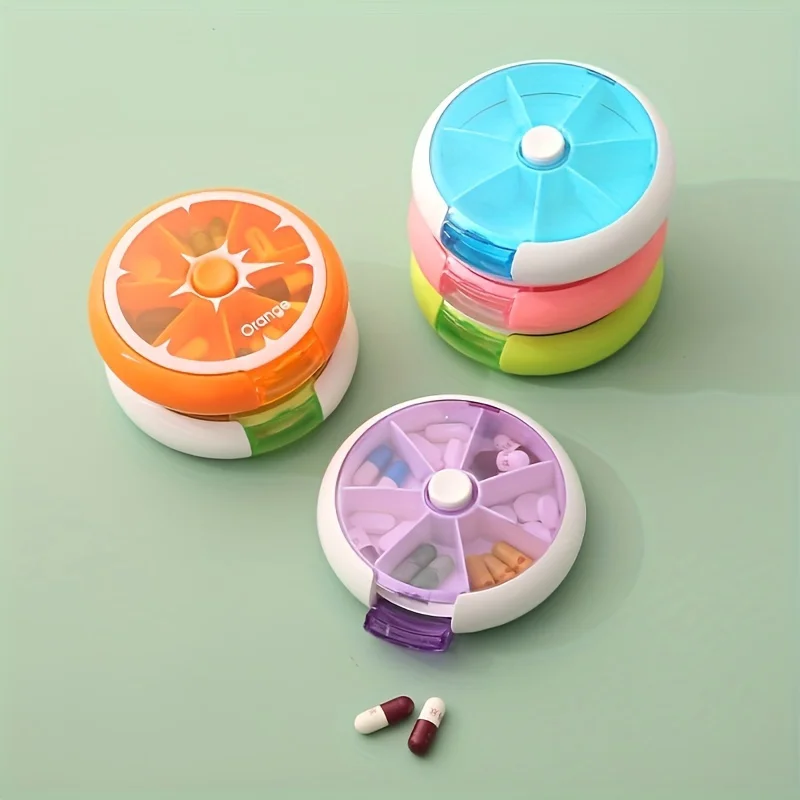 1pc Seven Grid Round Box 9*2.2cm Portable Fruit Pill Box Round Rotating ...
