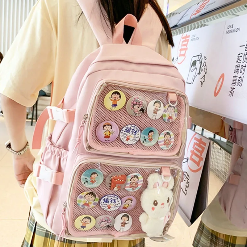 Korean Girls Large School Pink Ita Backpack With Two Clear Pockets For ...