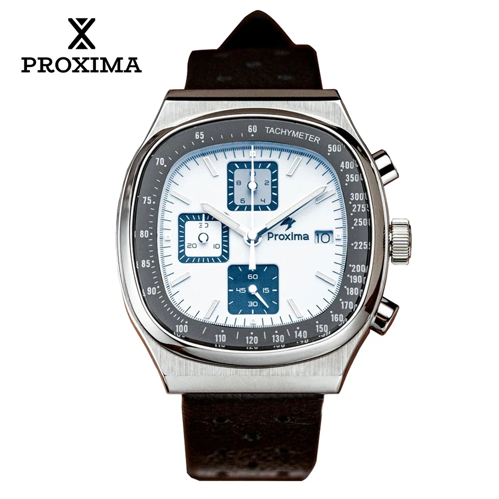 Proxima-PX1707-1AB-Retro-quadratischen-Quarz-Chronograph-Mann-Uhren-Saphirglas-wei-Emaille ...