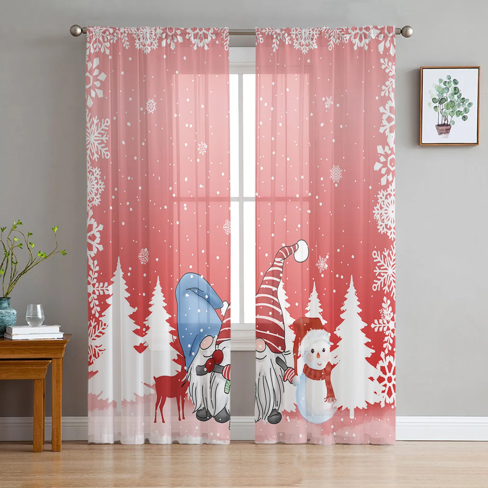 Christmas Snowman Elk Snowflake Living Room Bedroom Transparent Sheer ...
