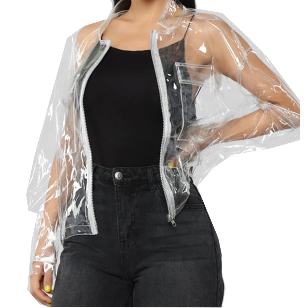 Pvc Leather See-through Jacket With Packet Sexy Transparency Lapel Neck ...