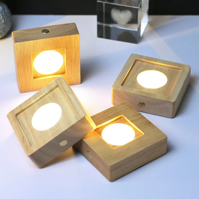 Square Led Wooden Lamp Holder Rechargeable Night Light Desktop ...