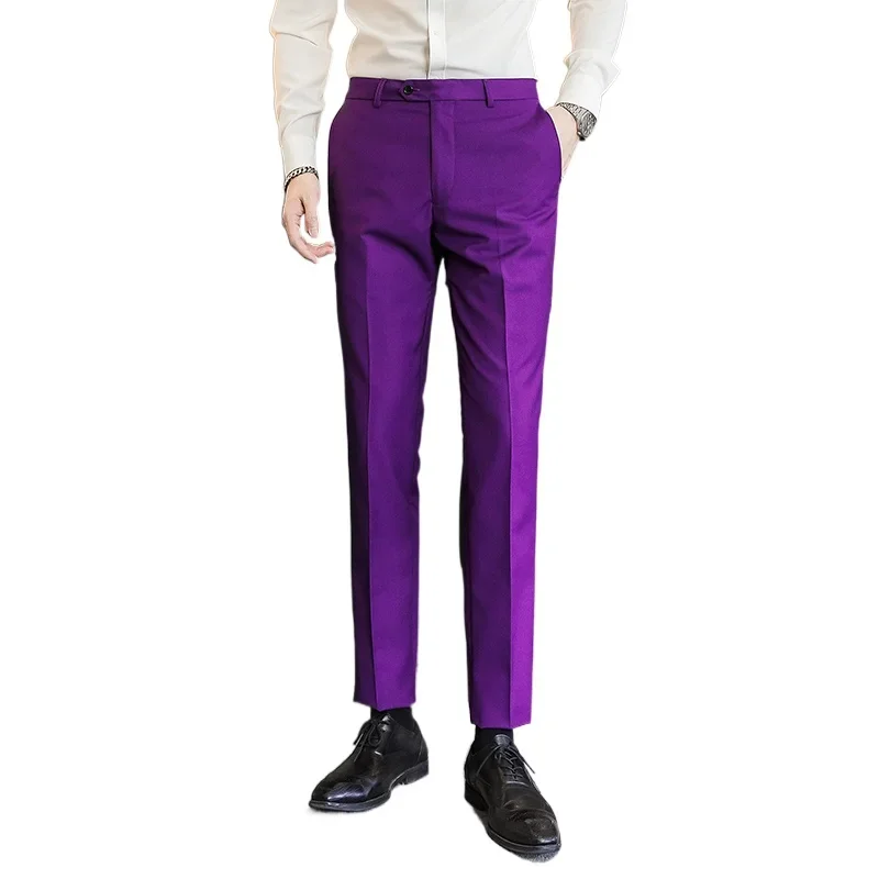 Solid Color Men's Suit Pants, Office Work Pant Casual Elastic Trousers ...