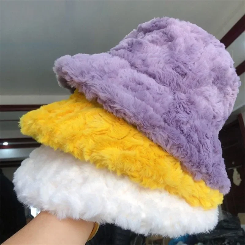 Unisex-Winter-Bucket-Hat-Faux-Fur-Warm-Solid-Color-Fisherman-Cap ...