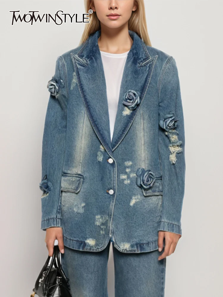TWOTWINSTYLE-Patchwork-Appliques-Denim-Blazer-For-Women-Notched-Collar ...