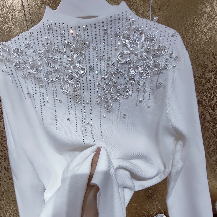 Fairy-3D-Floral-Embroidery-Pearls-Beaded-Knitted-Diamonds-Bottoming-Pullovers-Rhinestones ...