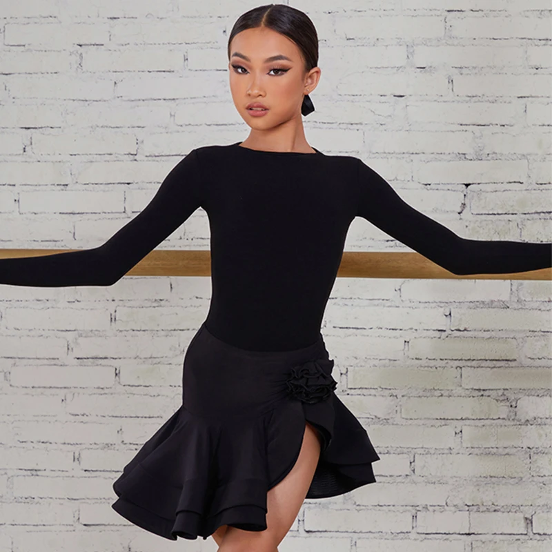 Kids-ZYM-Latin-Dance-Dress-Girls-Black-Bodysuit-Skirt-Long-Sleeves ...