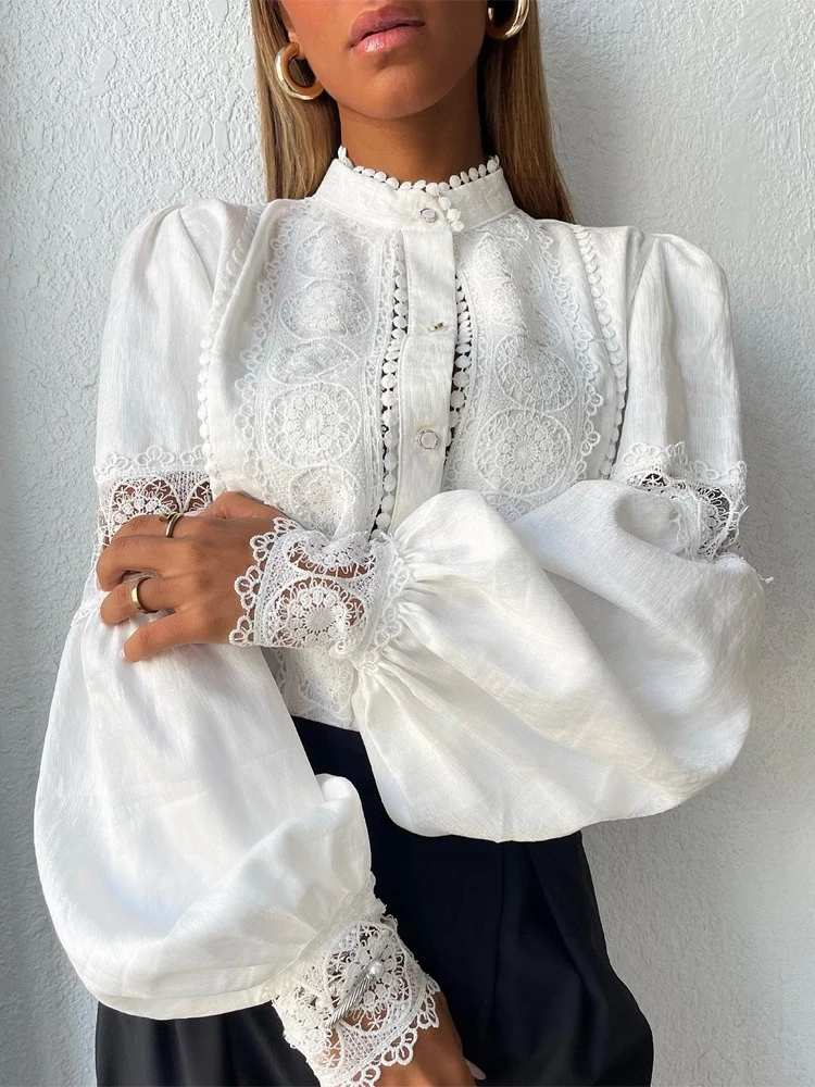 White-Lace-Blouses-Women-Elegant-Solid-Casual-Lace-and-Button-Hook ...