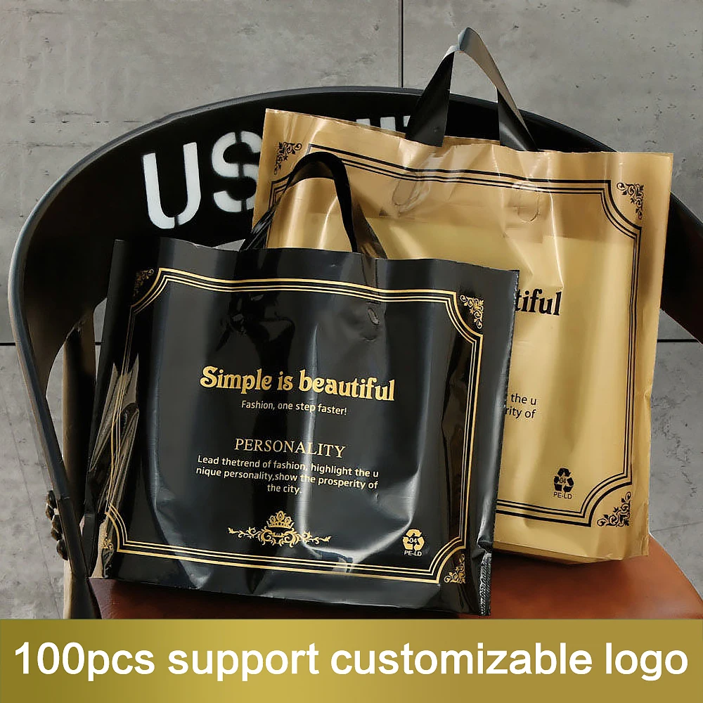 100pcs-Black-Gold-Fashion-Gift-Tote-Bag-Plastic-Packaging-Bag-Shopping ...