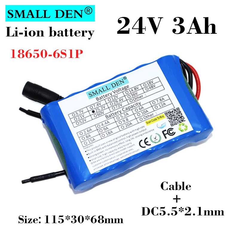 24V 3Ah 18650 lithium battery pack 6S1P 3000mAh Built-in BMS for ...
