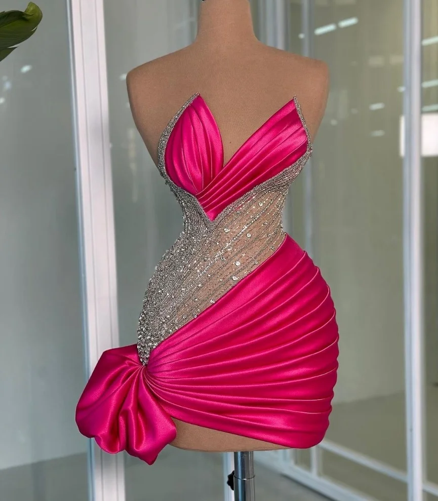 V-Neck-Satin-Short-Prom-Dresses-for-Women-2025-Beading-Crystal-Sheath ...