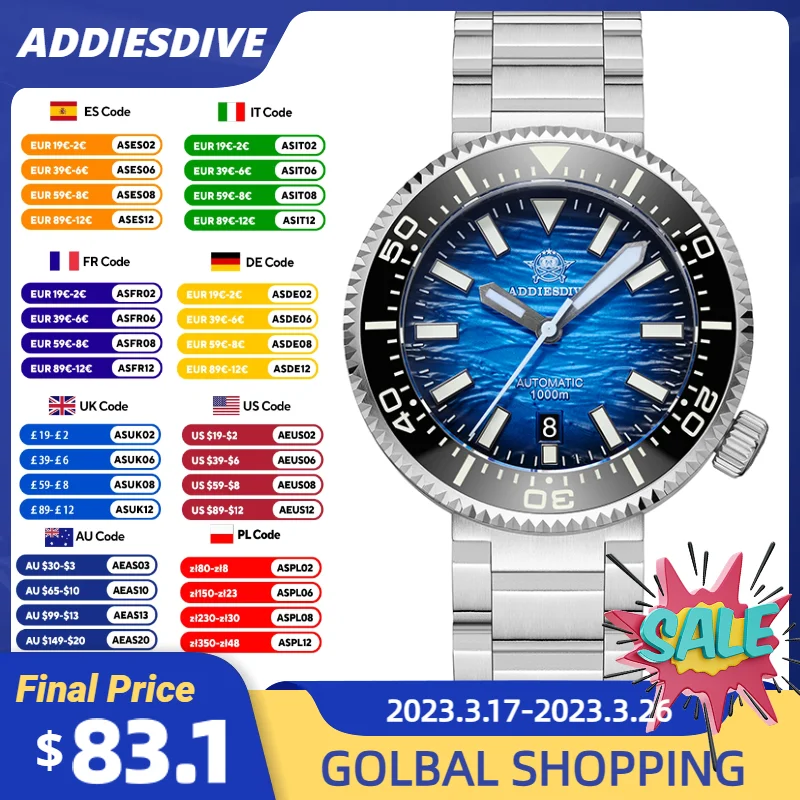 ADDIESDIVE NEW Diving Watch 1000M Waterproof Luxury Sapphire Glass ...