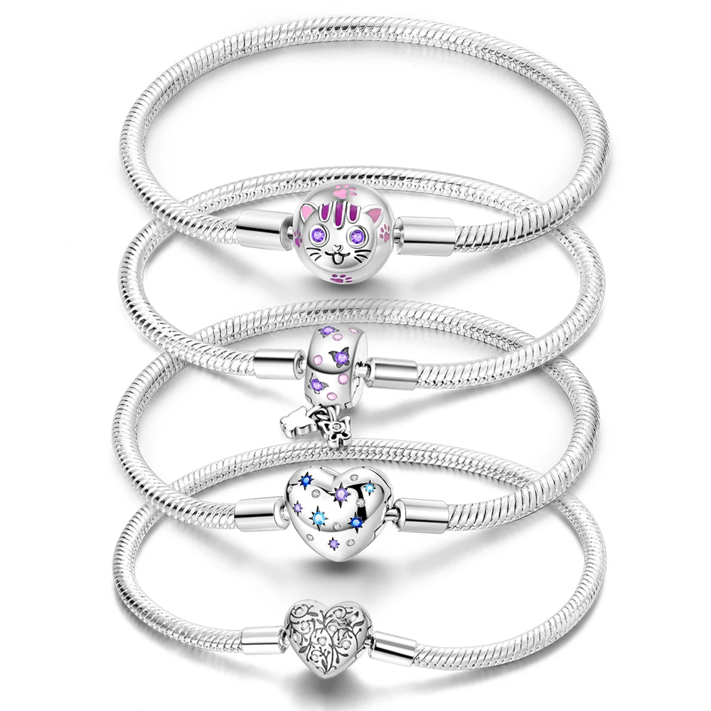 925-Sterling-Silver-Cat-Paw-Print-Snake-Bone-Bracelet-Fit-Pandora ...