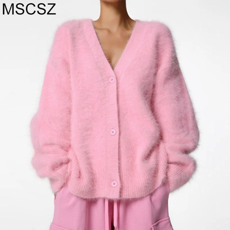 MSCSZ-Pink-Fluffy-Cardigan-For-Women-V-Neck-Single-Breasted-Knitted ...