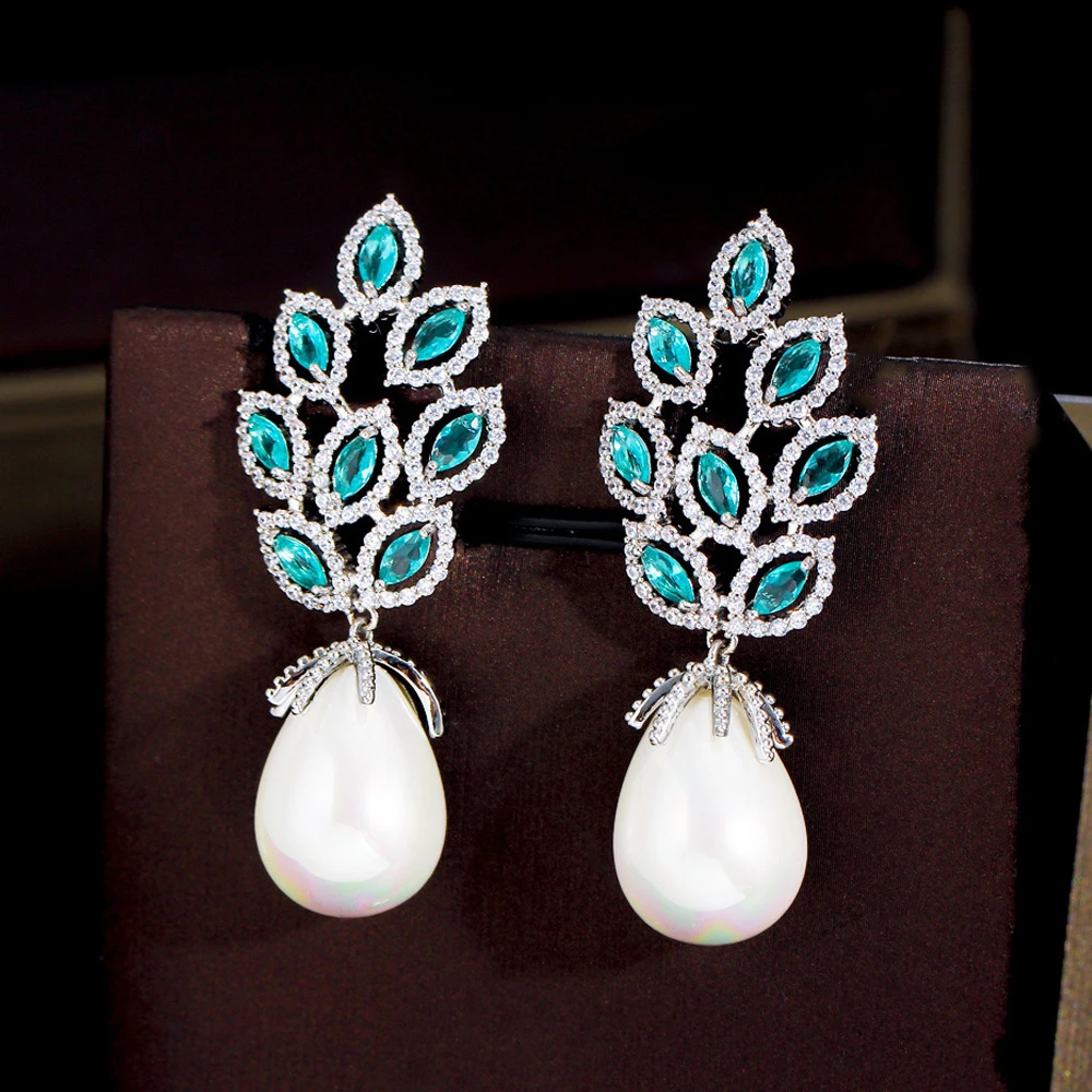 CWWZircons Light Blue Cubic Zirconia Crystal Leaf Shape Dangle Big Long Pearl Drop Women Party ...