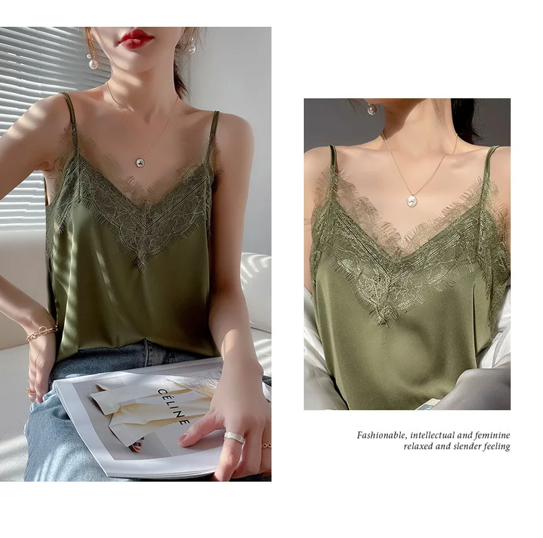 2021 Silk Sling With Lace V-neck Lace Silk Camisole Women Inner Base ...