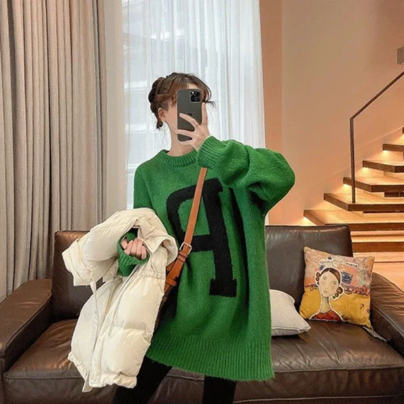 Grey-Ladies-Sweaters-Round-O-Neck-Long-Pullovers-Green-Graphic-Knitted ...