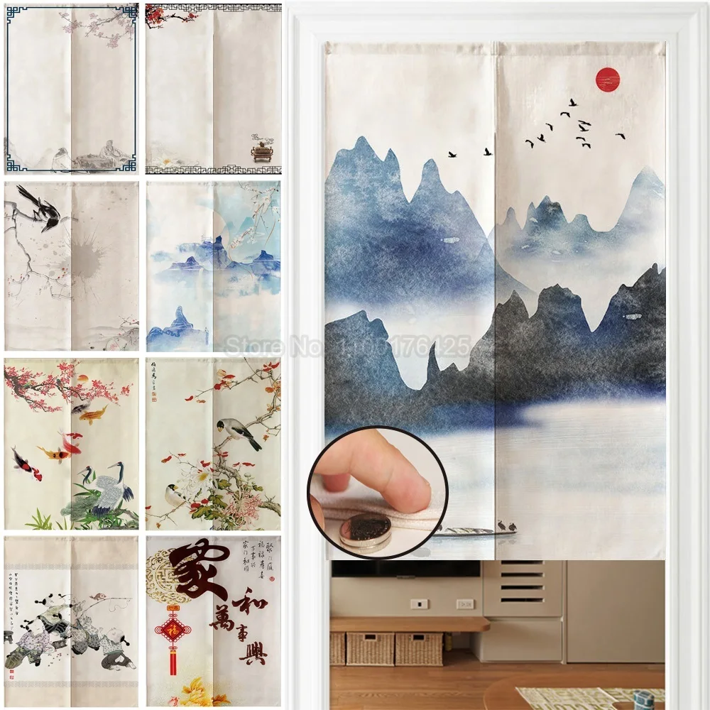 Japanese-Linen-Door-Curtains-Living-Room-Kitchen-Entrance-Drapes-Ink ...