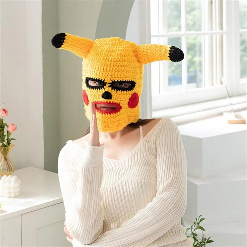 Pikachu Headgear Funny Wool Knitting Pokemon Elf Cartoon Mask Humor Hat ...