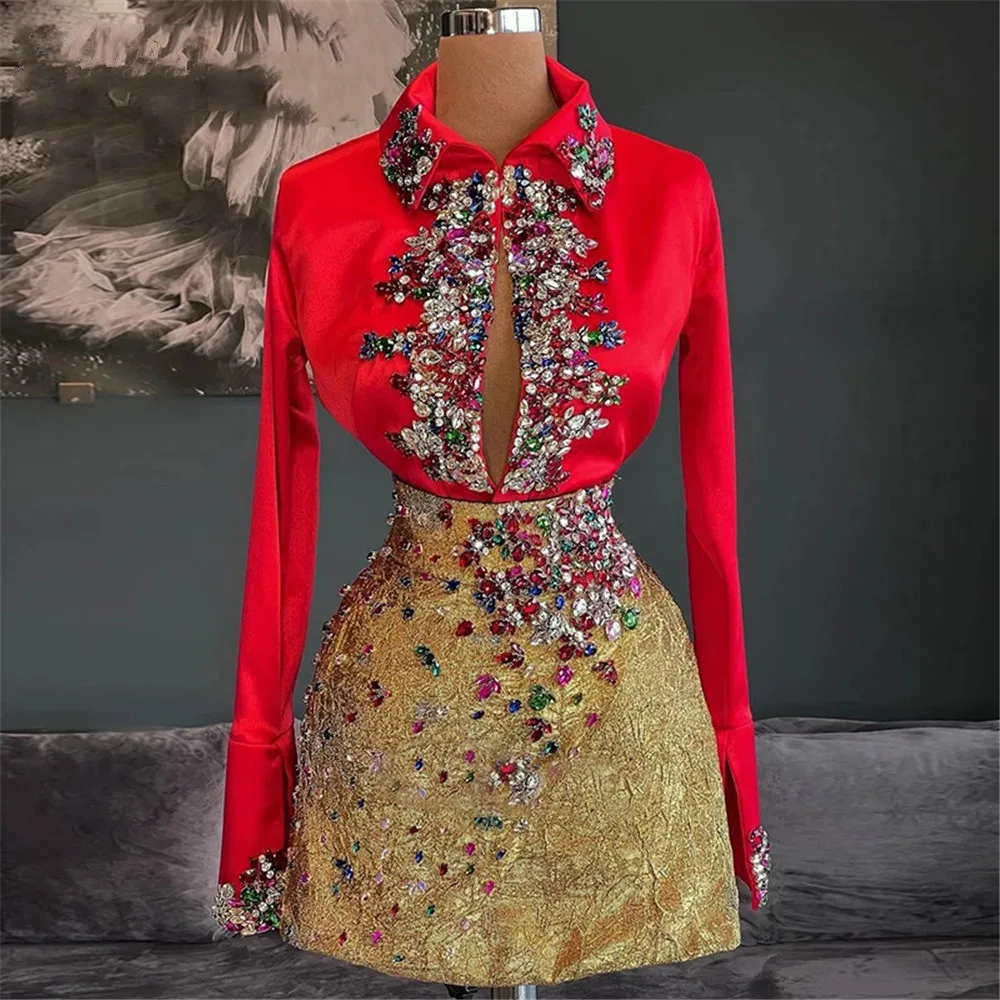 Red Cocktail Dresses Sheath Long Sleeves Short Mini Chiffon Beaded ...