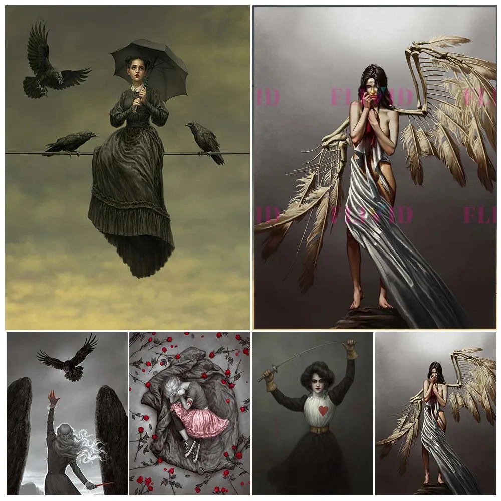 Crow-Witch-And-Bat-Witch-Sitting-On-The-Electric-Wire-Vintage-Wall-Art ...