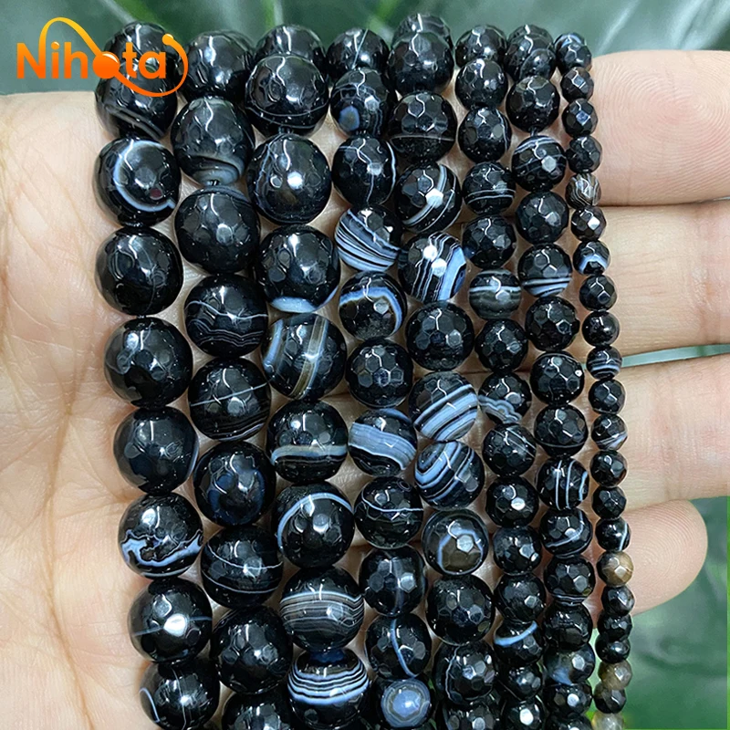 Natural-Faceted-Striped-Black-Agates-Beads-For-Jewelry-Making-Onyx ...