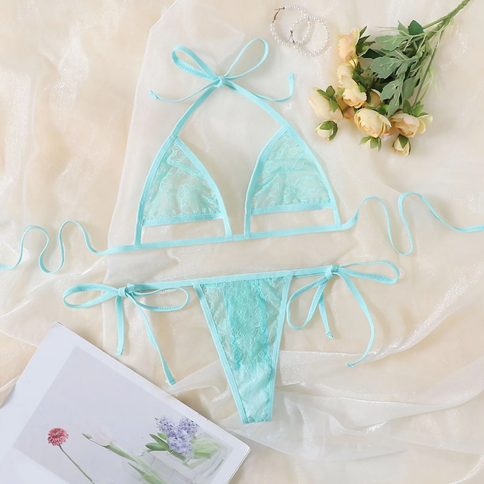 Conjunto de lencería de encaje con tiras para mujer, sujetador ...