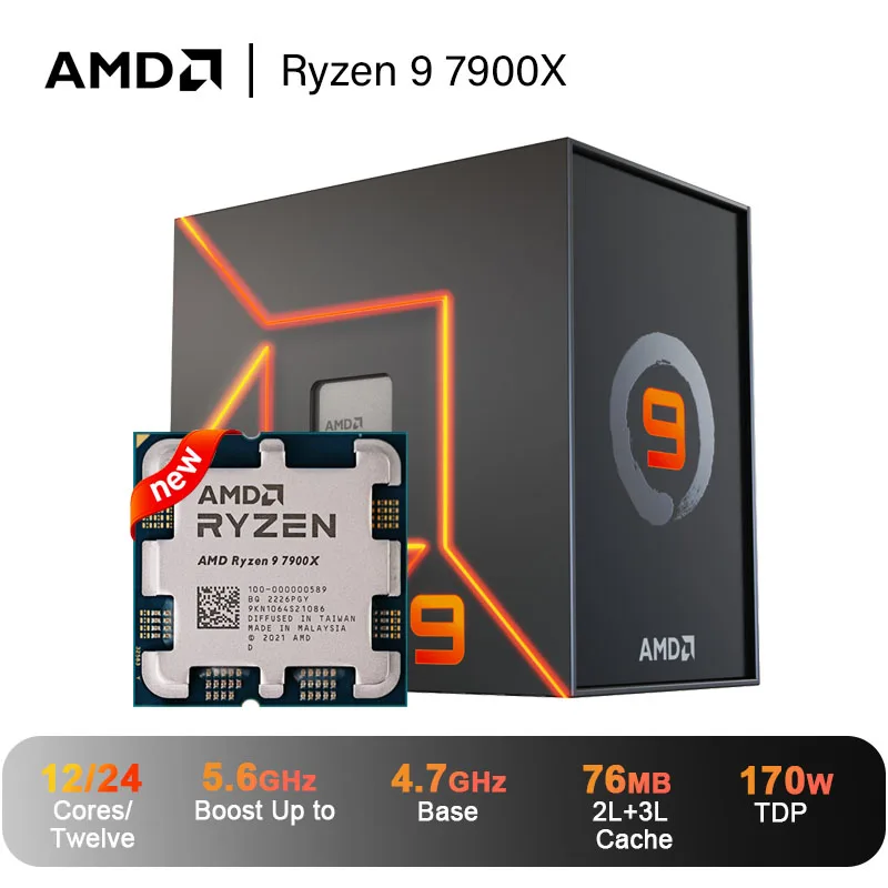 AMD Ryzen 9 7900X R9 7900X 4.7 GHz 12-Core 24-Thread CPU Processor 5NM L3=64M 100-000000589 ...