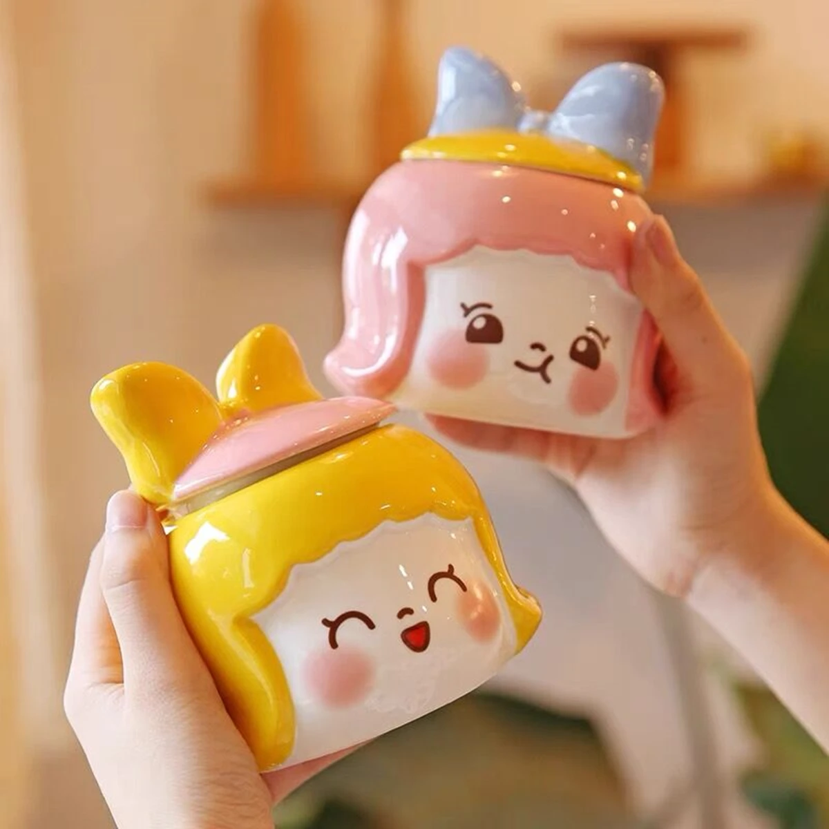 모던 심플 크리에이티브 세라믹 머그잔 귀여운 만화 얼굴 표현 물 용기 연인 커피 머그잔 여행 귀여운 컵 선물