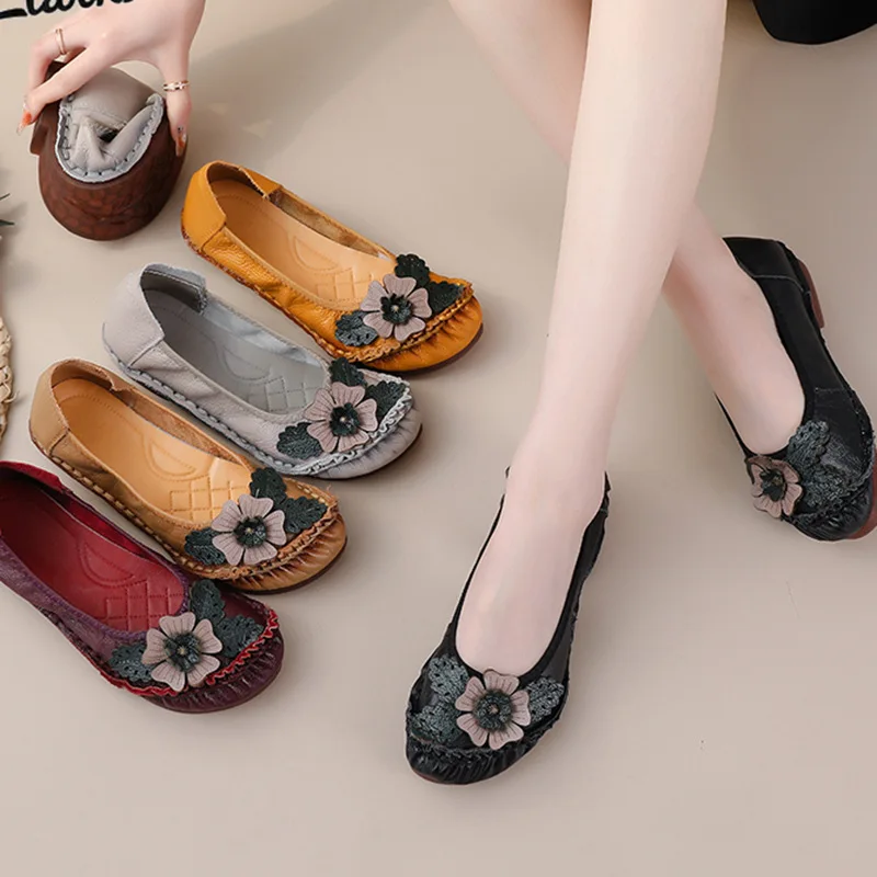 Retro Boho Shoes Women Genuine Leather Loafers Ladies Luxury Flats ...