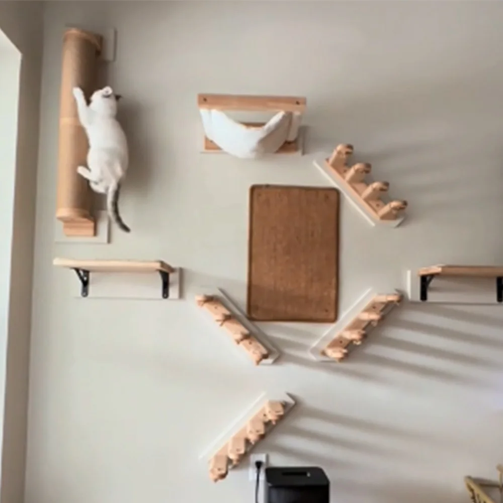 Wall Mounted Cat Climbing System with Wooden Shelves Sisal Scratching ...