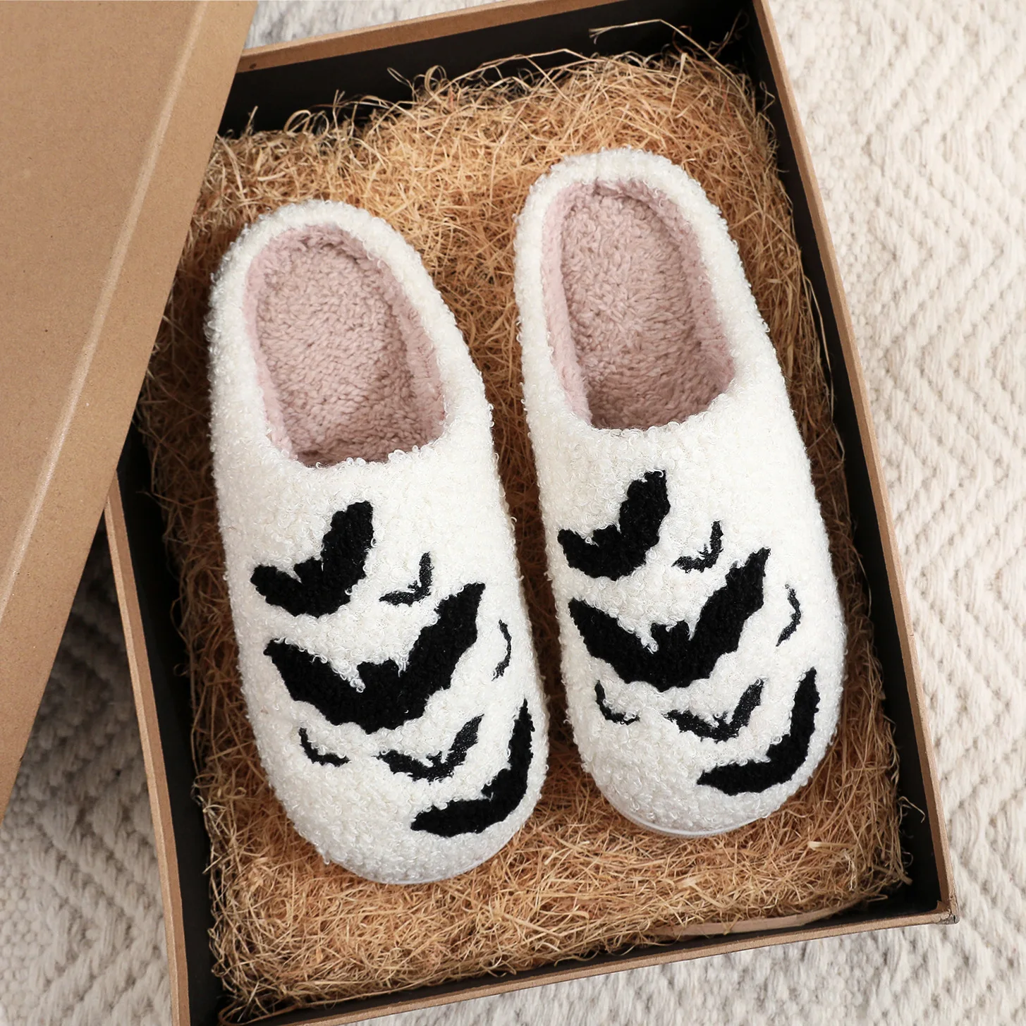 Halloween-Bat-Embroidered-Cotton-Slippers-Horror-Ghost-Flat-Indoor ...