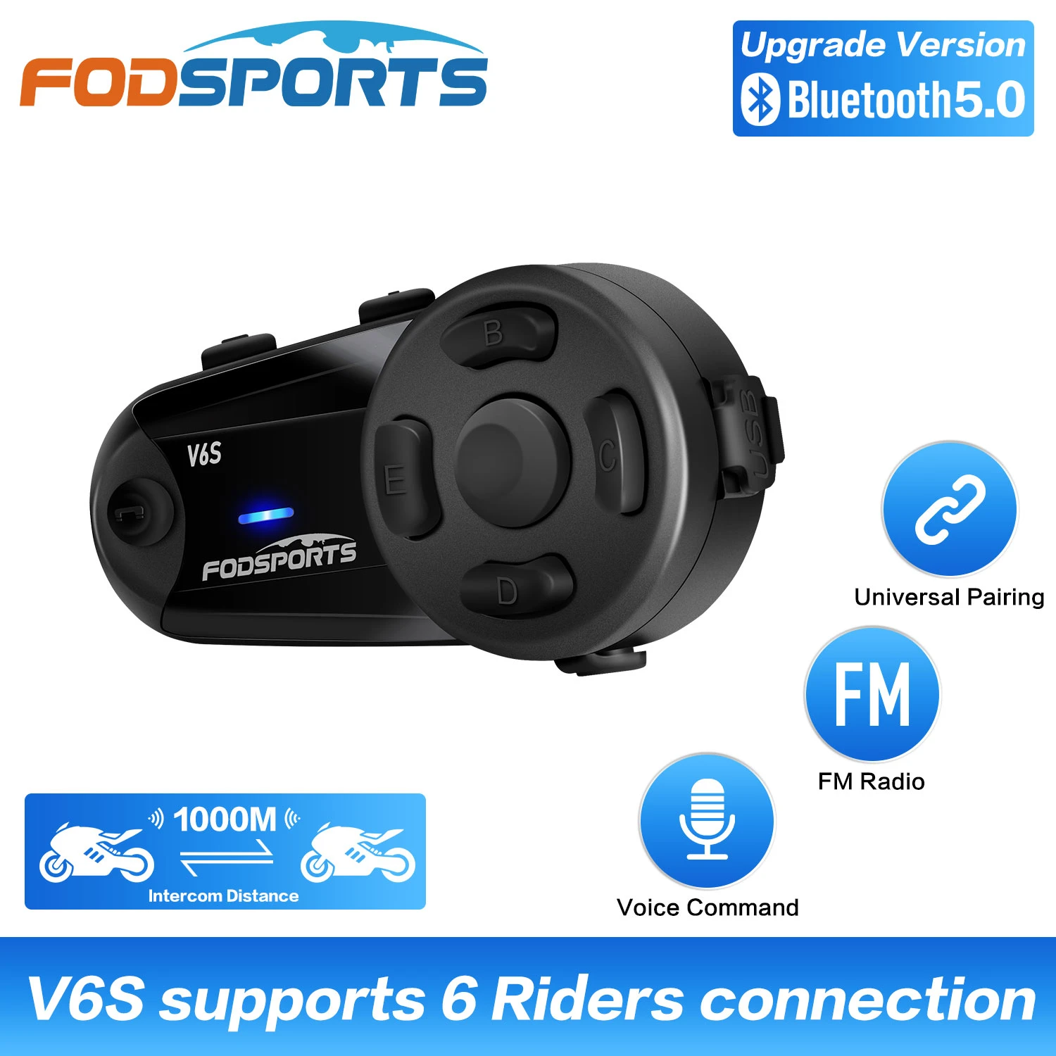 Fodsports V6S Motorcycle Helmet Intercom Headset 6 Riders 1000m ...