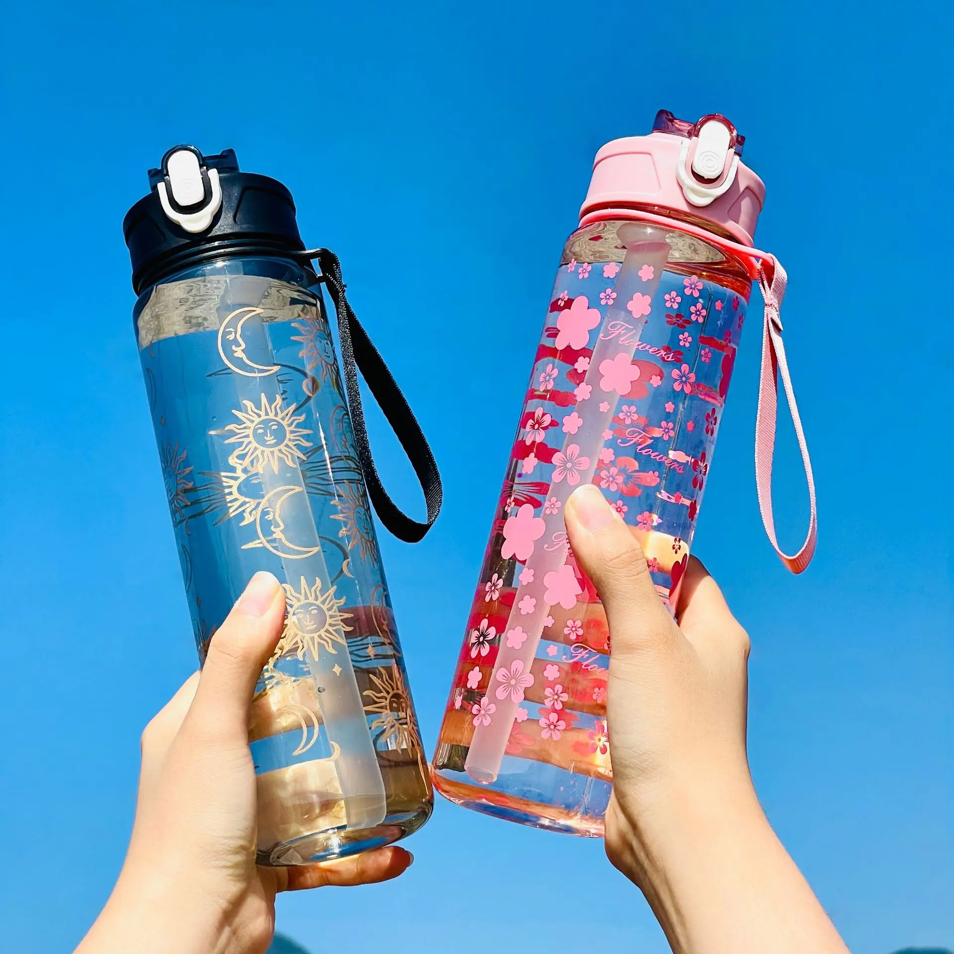 600ml Daisy Flower Plastic Water Bottle Sports Transparent Water Bottle ...