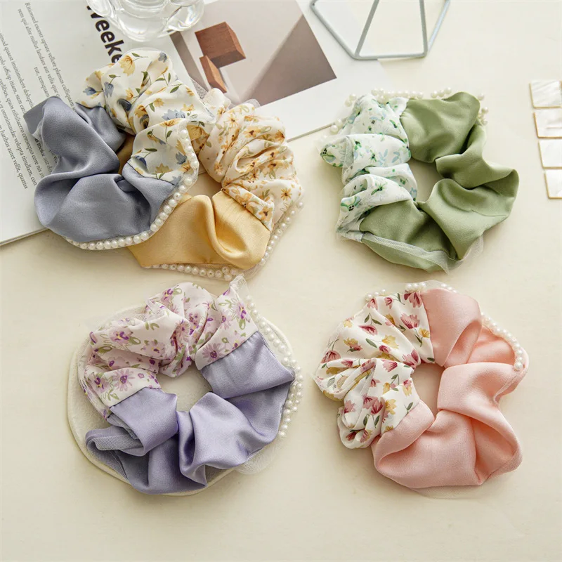 Floral-Solid-Color-Matching-Cute-Scrunchies-with-Pearls-Satin-Flower-Elastic-Rope-Band-Girl-Hair ...