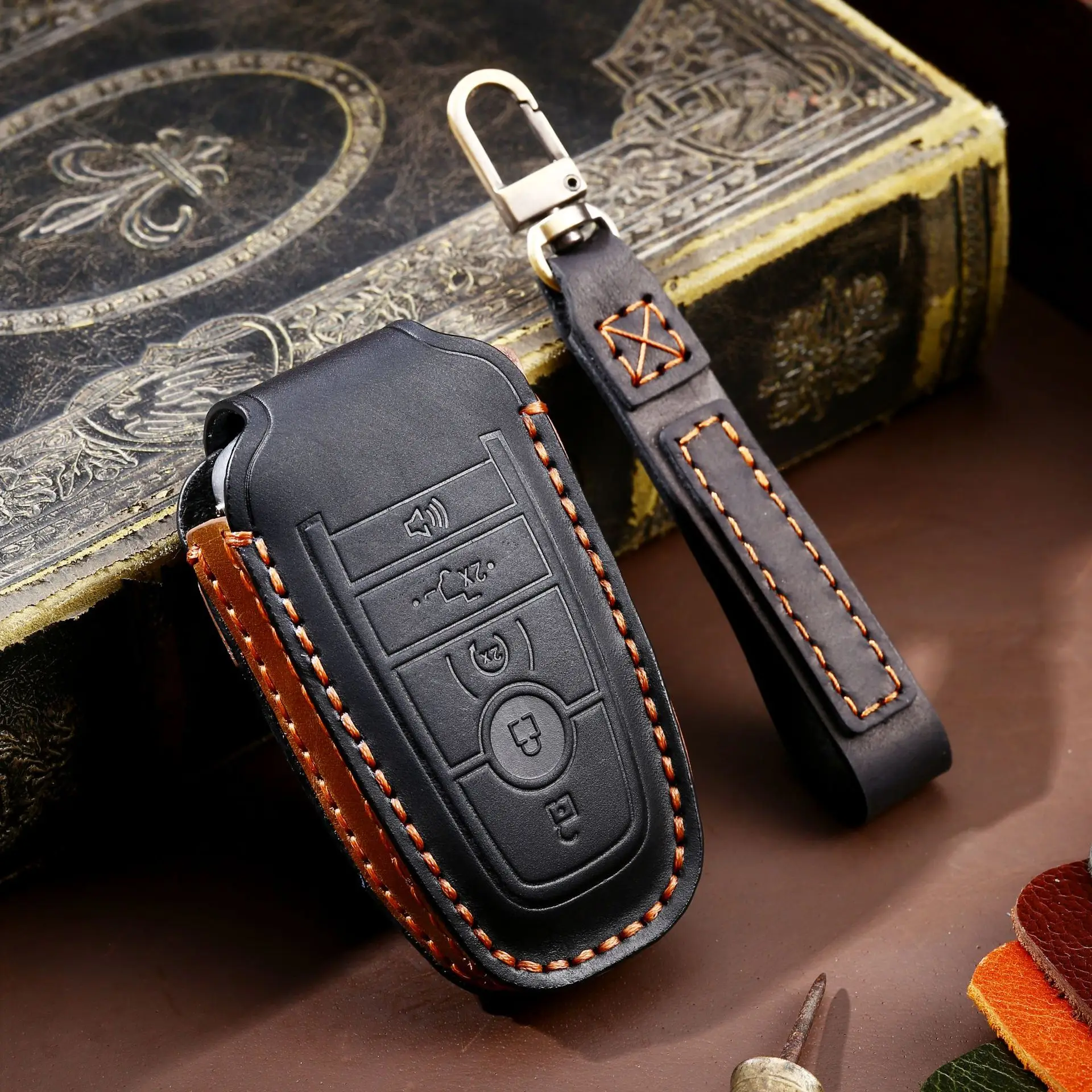 Leather-Car-Key-Case-Cover-Fob-Protector-Keychain-for-Ford-Mustang ...