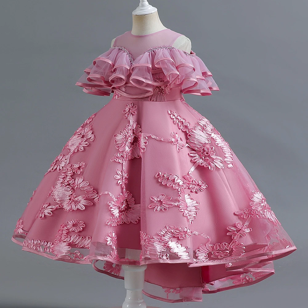 New Princess Girls Embroidery Flower Trailing Dress Children Kids ...