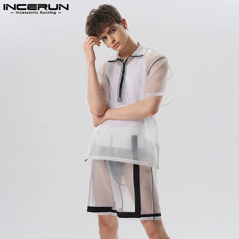 INCERUN-Men-s-See-Through-Shirt-de-manga-curta-com-z-per-e-shorts-Mesh ...