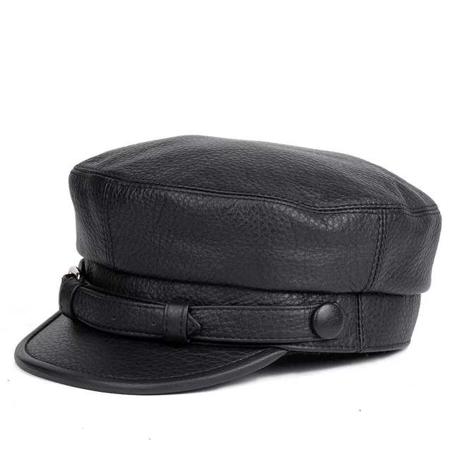 Unisex South Korean Style Genuine Leather Fitted Flat Military Hat For ...