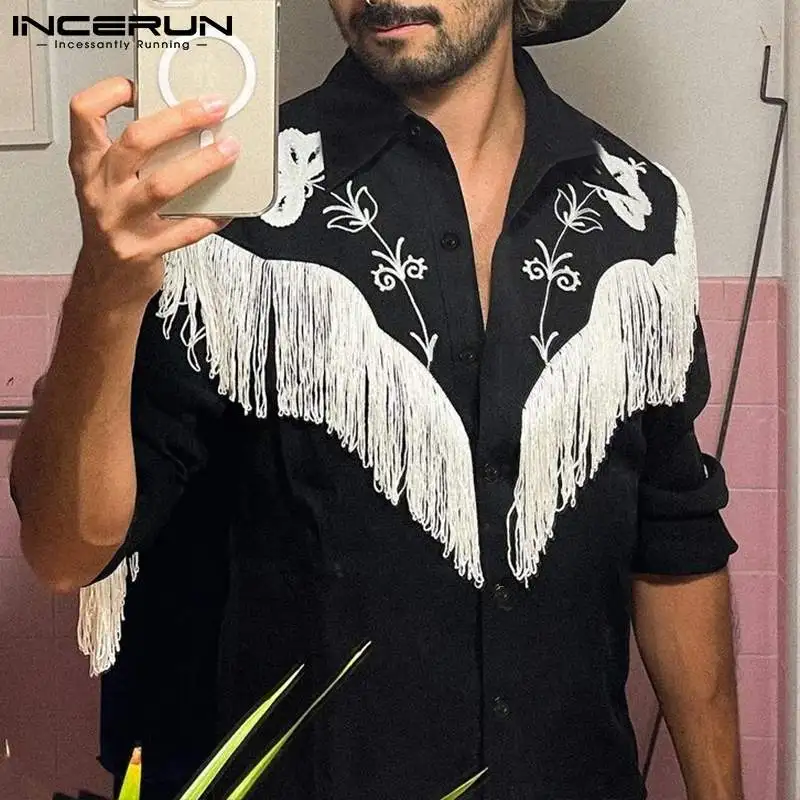 INCERUN 2024 Men Shirt Embroidered Tassel Patchwork Lapel Long Sleeve ...
